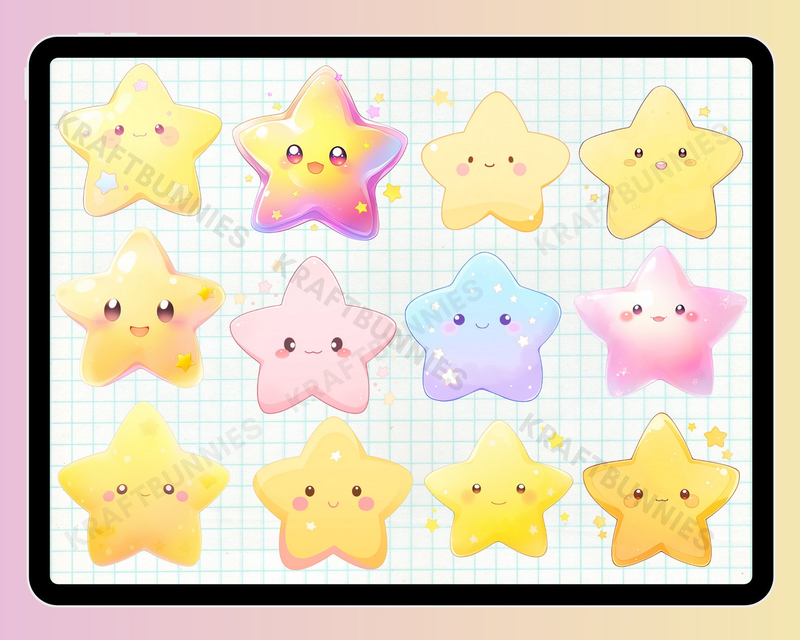 Cute Kawaii Stars Sleepy Dreamy Clipart Watercolor Pastel PNG Digital ...