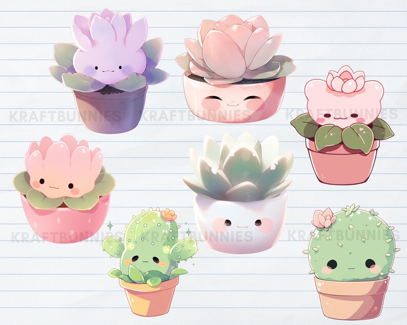 Cute Kawaii Cactus & Succulents Plants in Pots Planters Foliage ...