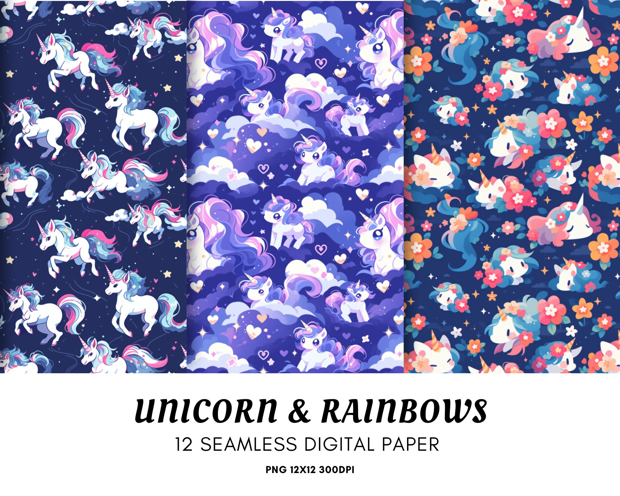 Kawaii Unicorn Rainbow Seamless Pattern, 12x12 Digital Paper (digital ...