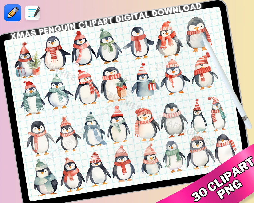 Printable Watercolor Cute Kawaii Christmas Penguin Digital Clipart ...