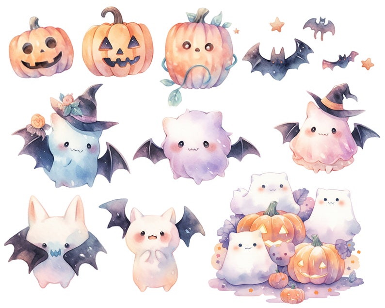 Kawaii Spooky Halloween Clipart, Watercolor Bats, Ghosts (PNG Digital ...