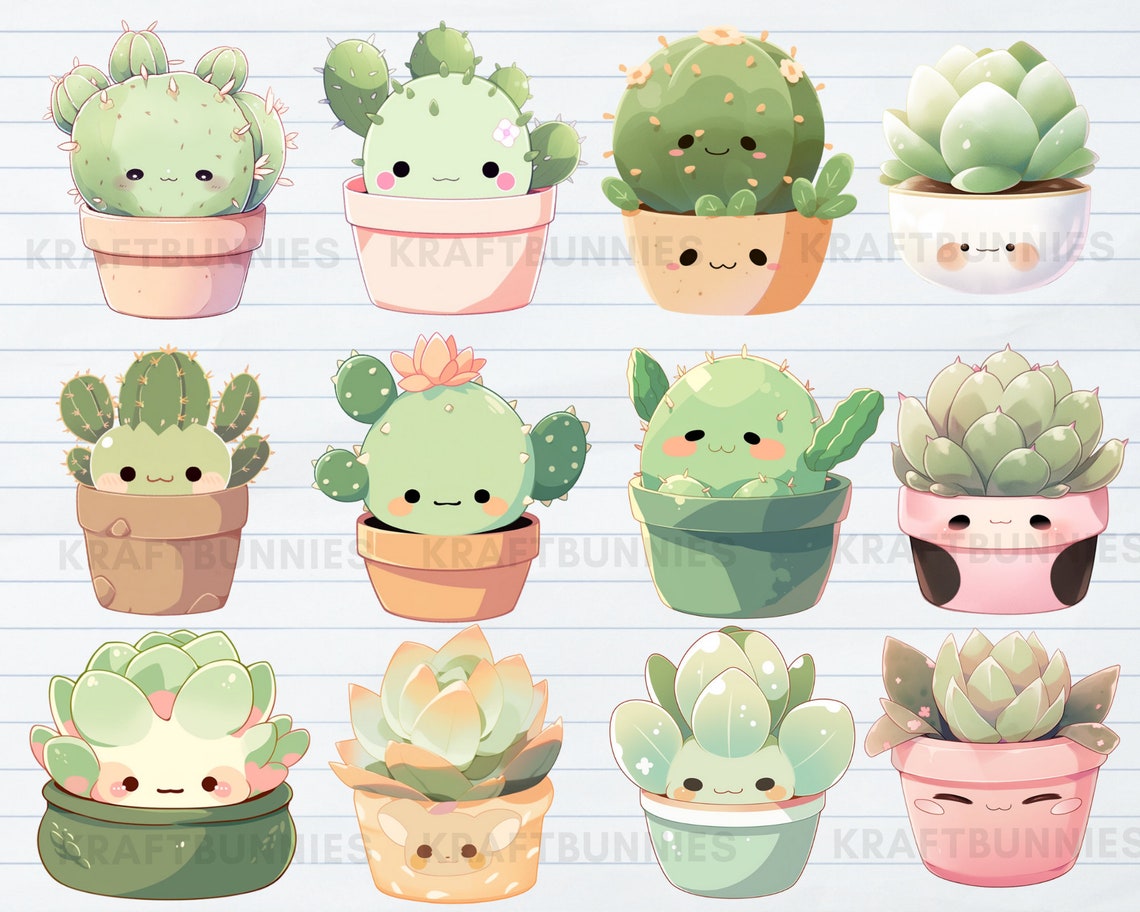 Cute Kawaii Cactus & Succulents Plants in Pots Planters Foliage ...