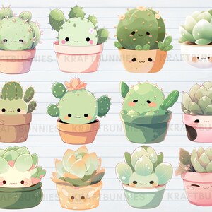 Cute Kawaii Cactus & Succulents Plants in Pots Planters Foliage ...