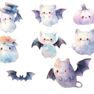 Cute Kawaii Spooky Watercolor Halloween Clipart Bats Ghost PNG Digital ...