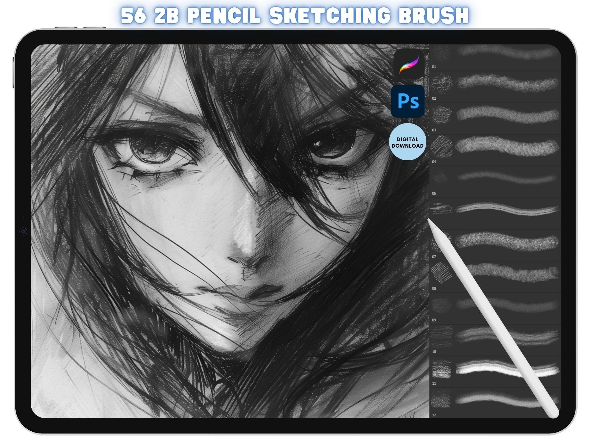 Procreate Photoshop Realistic 2B Pencil Sketching Brush Pack ,textured ...