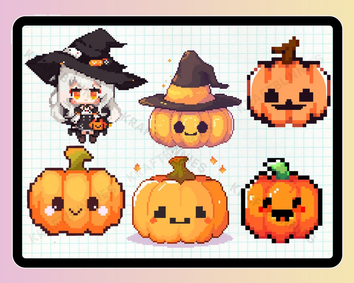 Kawaii Pixel Art Halloween Clipart, Witchy Spooky PNG Stickers (digital ...