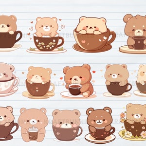 Cute Kawaii Coffee Teddy Bear Clipart Watercolor Pastel PNG Digital ...