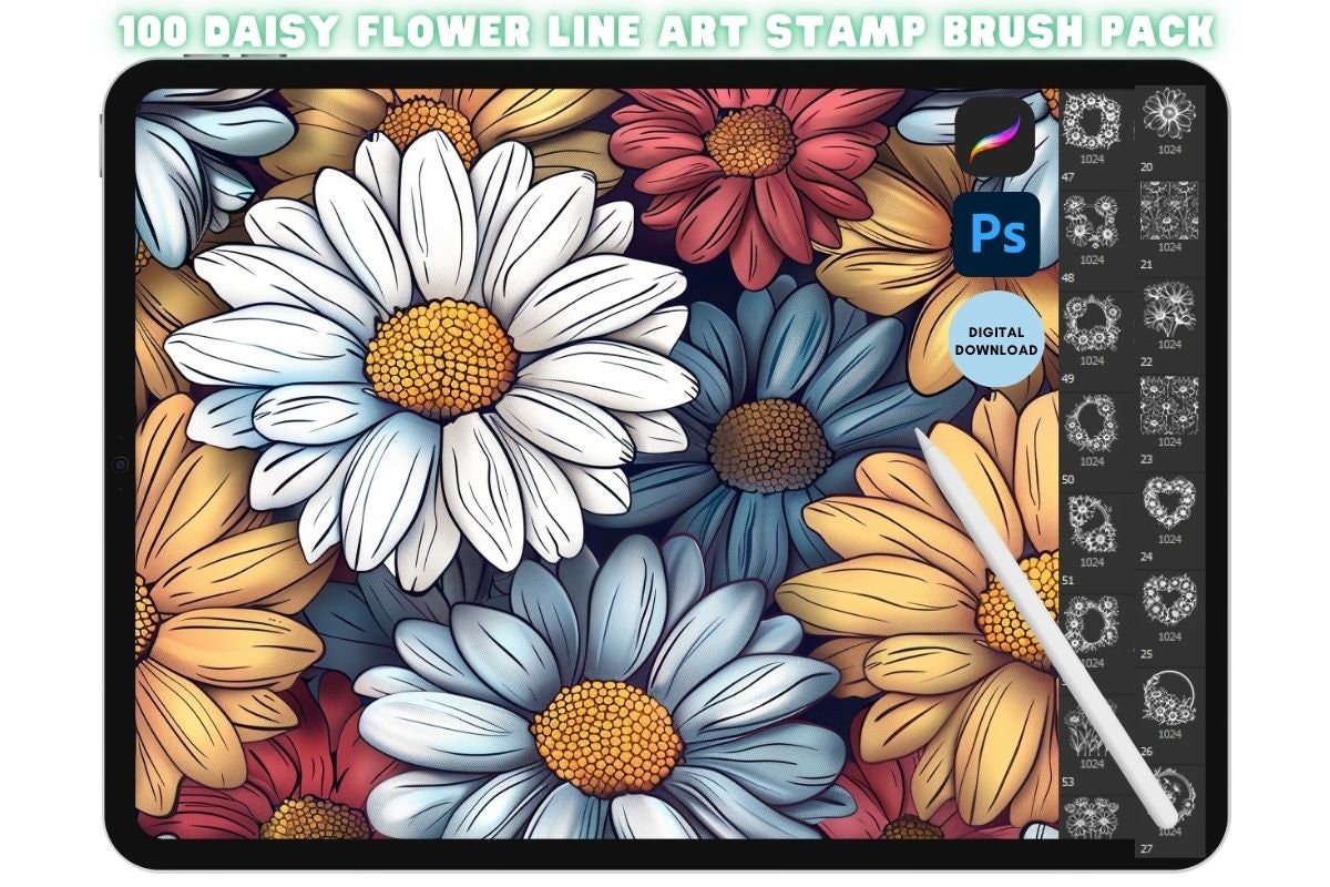 Procreate Photoshop Daisy Flower Stamp Brush Bundle Botanical Floral ...