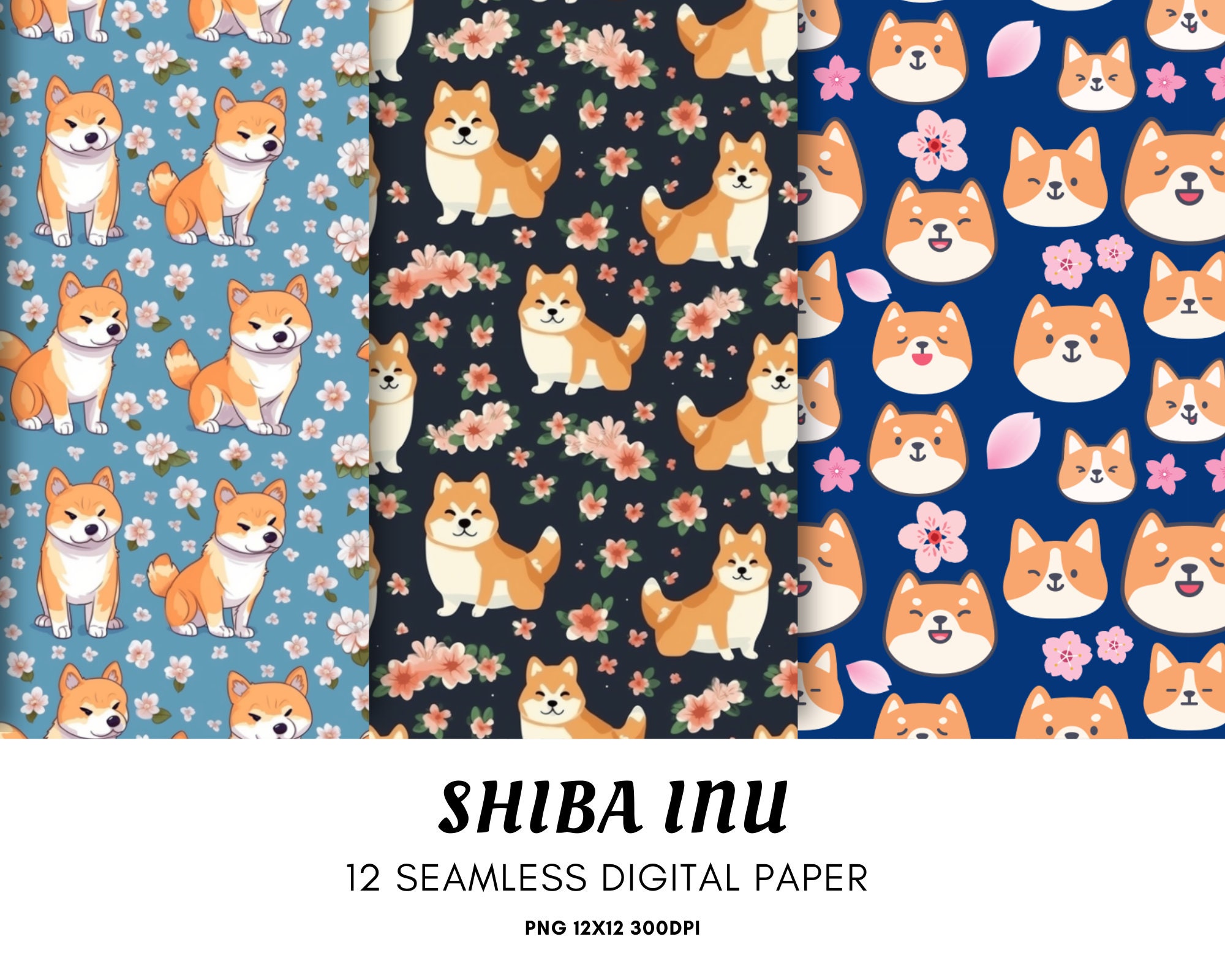 Shiba Inu Dog Puppy Digital Seamless Pattern, Japanese Fabric Pattern ...