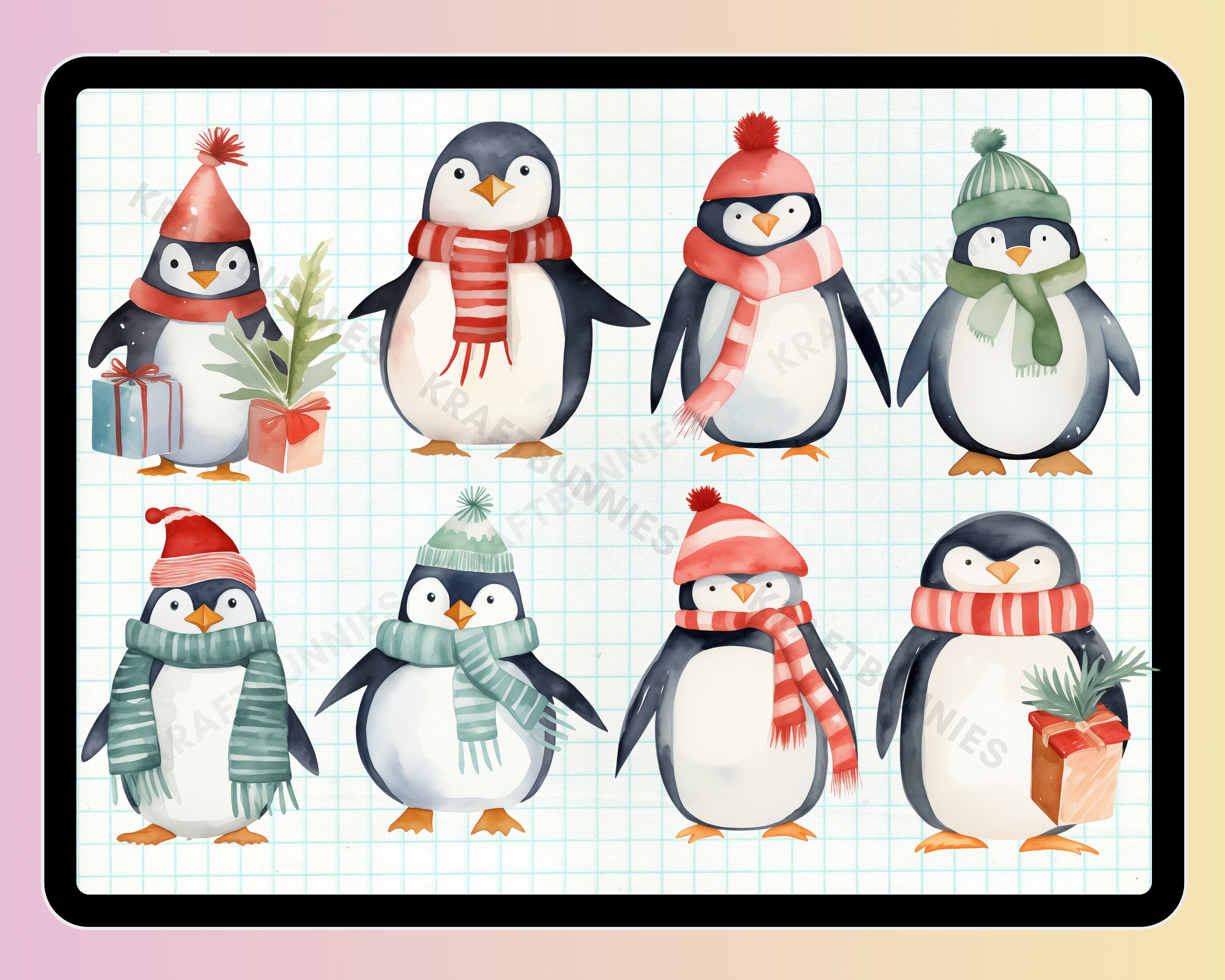 Watercolor Christmas Penguin Clipart, Kawaii Animal Stickers (digital ...