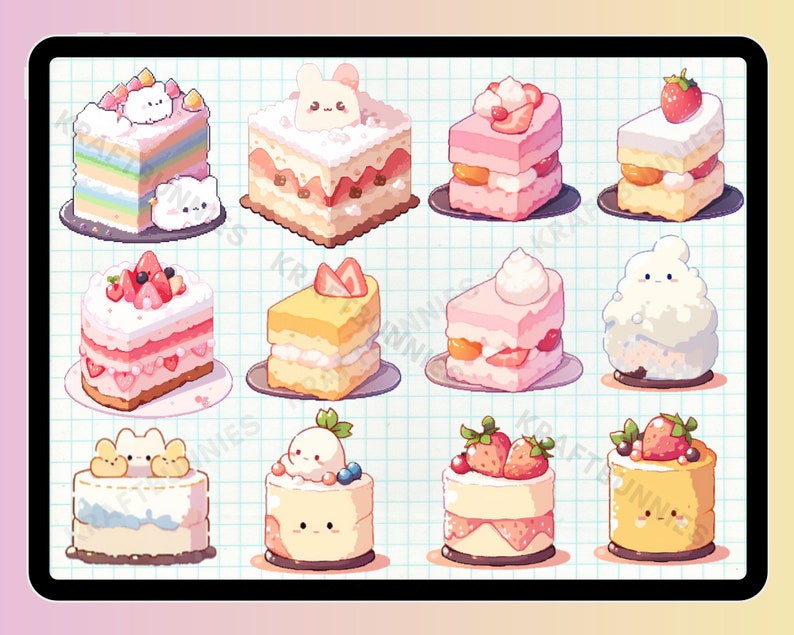 Pixel Art Cute Kawaii Cakes Dessert Pastry Clipart Pastel Watercolor ...