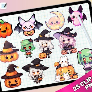 Pixel Art Cute Kawaii Halloween Witchy Spooky Clipart Pastel Watercolor ...