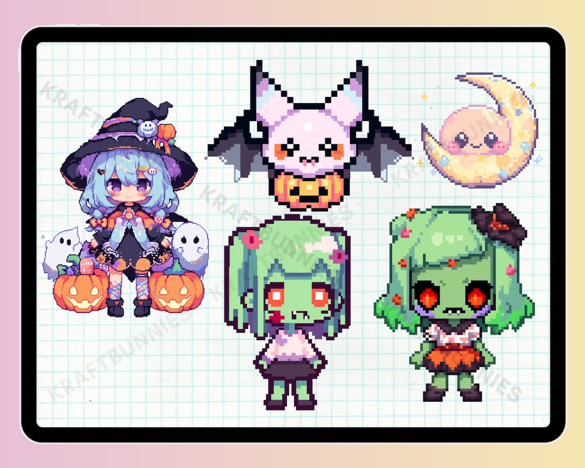 Pixel Art Cute Kawaii Halloween Witchy Spooky Clipart Pastel Watercolor ...