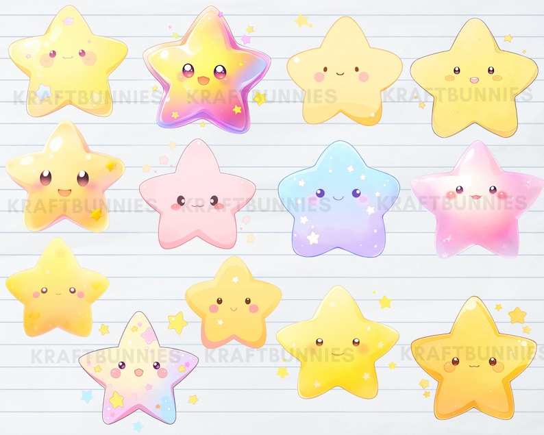 Cute Kawaii Stars Sleepy Dreamy Clipart Watercolor Pastel PNG Digital ...