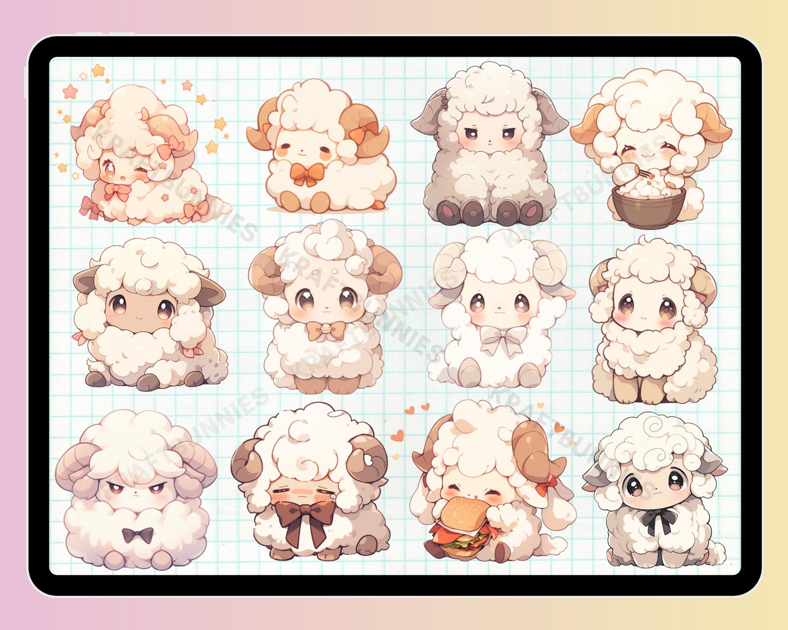 Cute Kawaii Baby Sheep Lamb Clipart Sleepy Dreamy Watercolor Pastel PNG ...