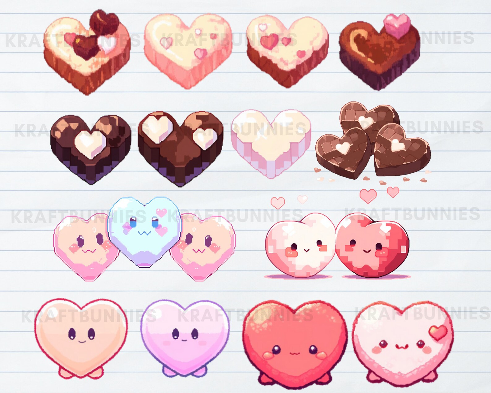 Pixel Art Cute Kawaii Heart Love Emoticon Clipart Pastel Watercolor PNG ...