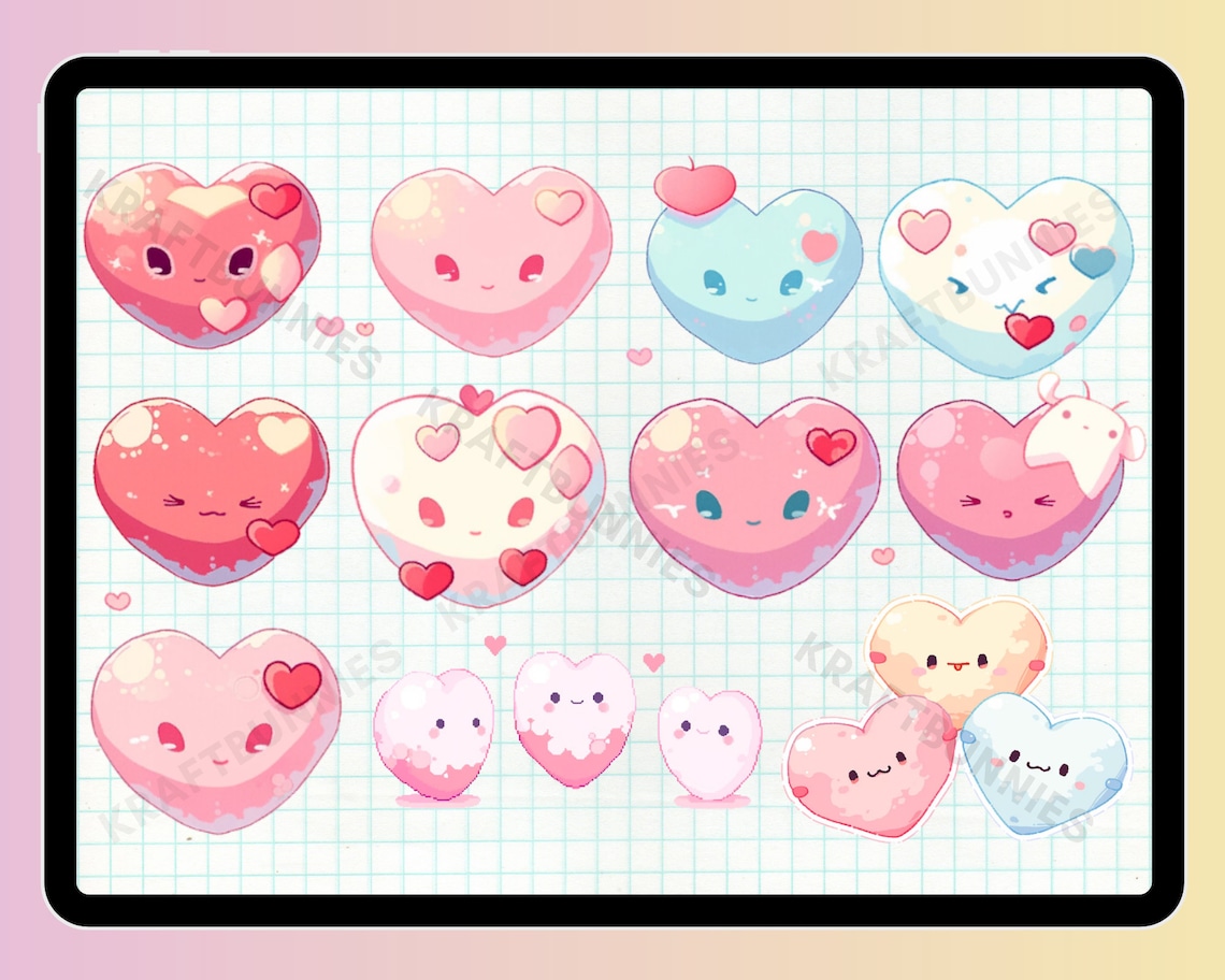 Pixel Art Cute Kawaii Heart Love Emoticon Clipart Pastel Watercolor PNG ...