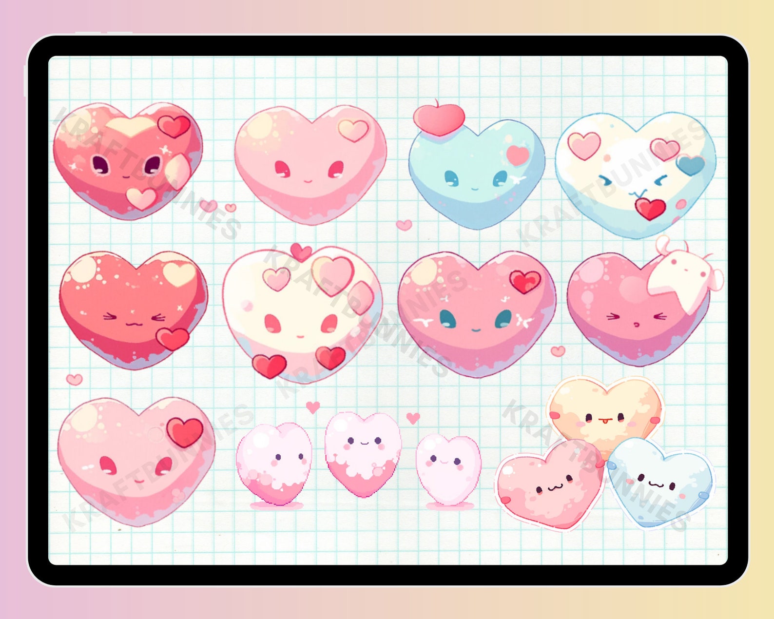 Pixel Art Cute Kawaii Heart Love Emoticon Clipart Pastel Watercolor PNG ...