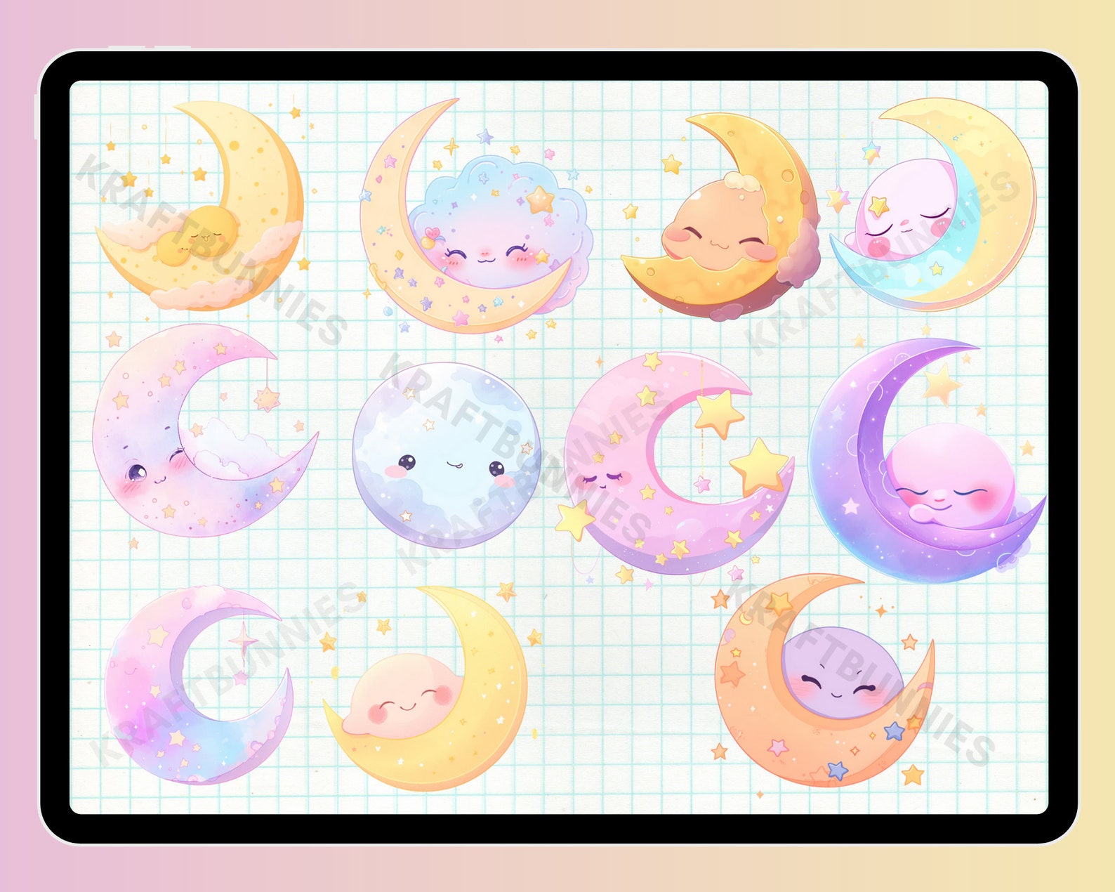 Cute Kawaii Crescent Moon Phase Dreamy Sleepy Clipart Watercolor Pastel ...