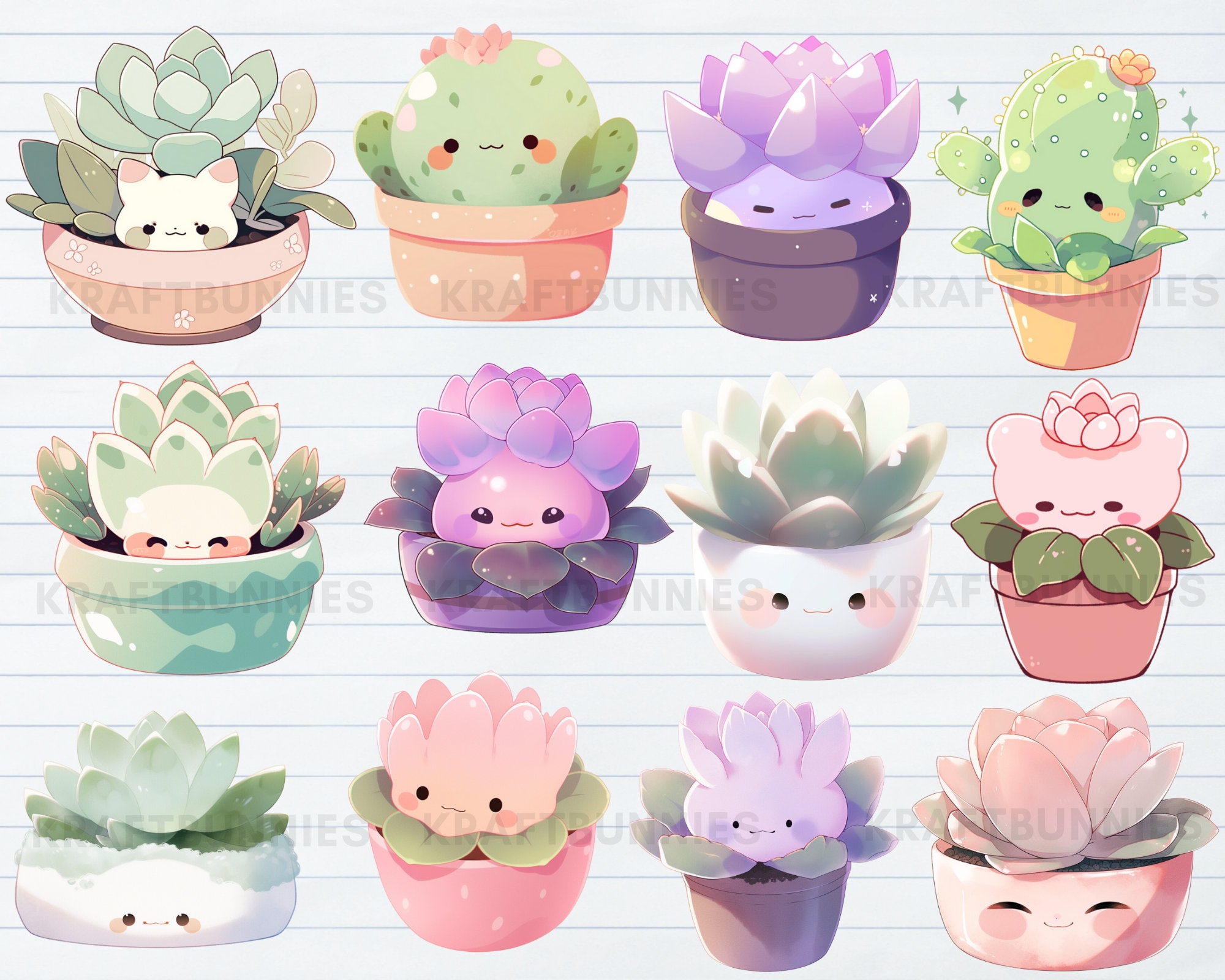 Cute Kawaii Cactus & Succulents Plants in Pots Planters Foliage ...