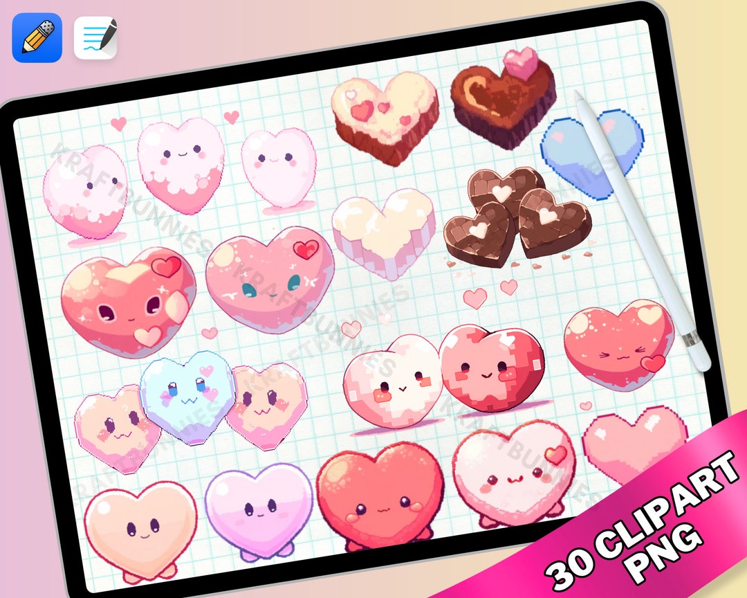 Pixel Art Cute Kawaii Heart Love Emoticon Clipart Pastel Watercolor PNG ...
