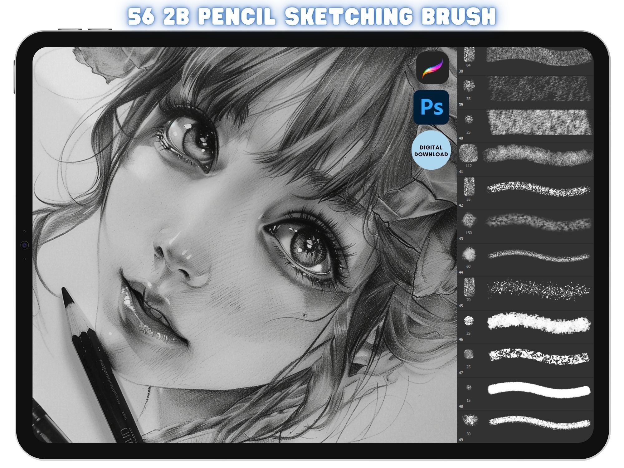 Procreate Photoshop Realistic 2B Pencil Sketching Brush Pack ,textured ...