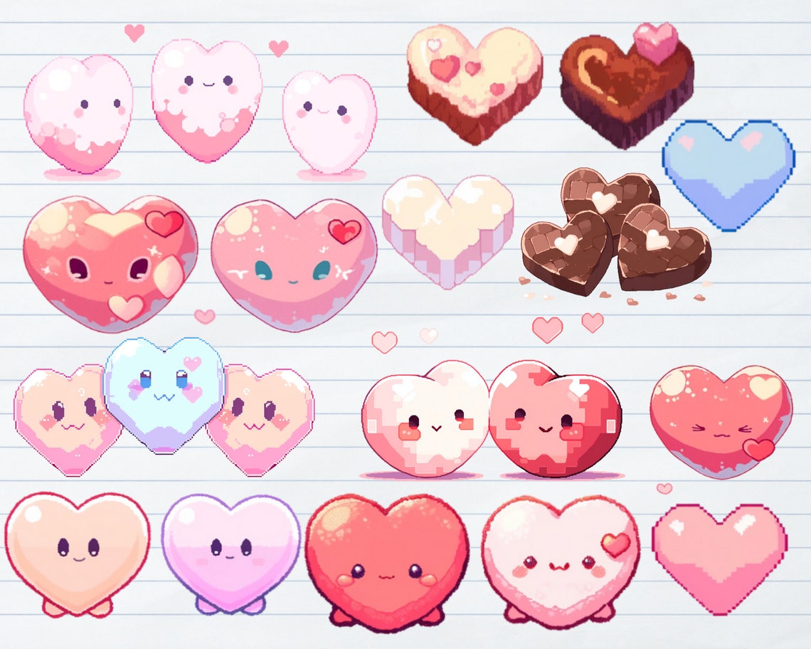 Pixel Art Cute Kawaii Heart Love Emoticon Clipart Pastel Watercolor PNG ...