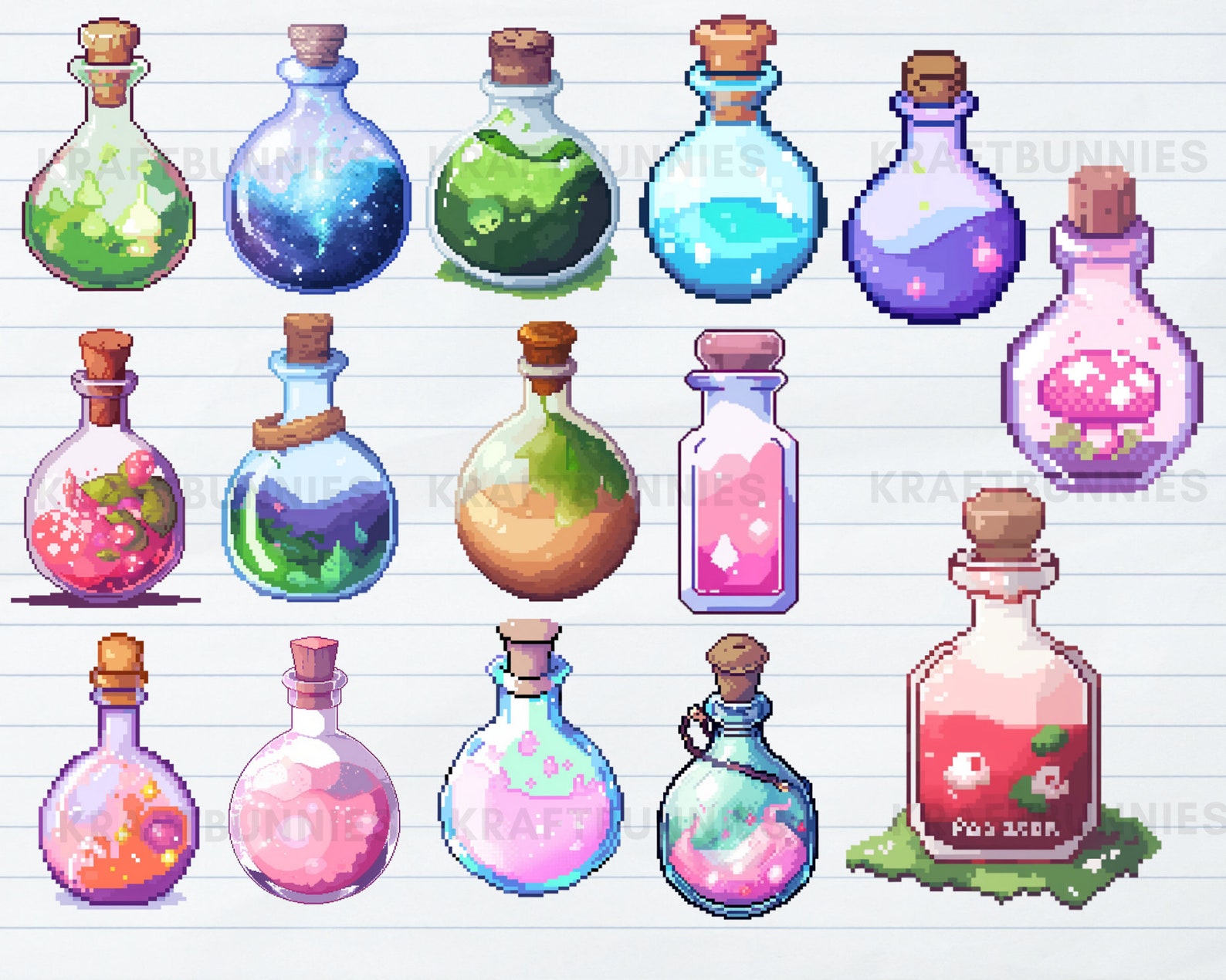 Pixel Art Magical Witchy Enchanted Potions Clipart Pastel Watercolor ...