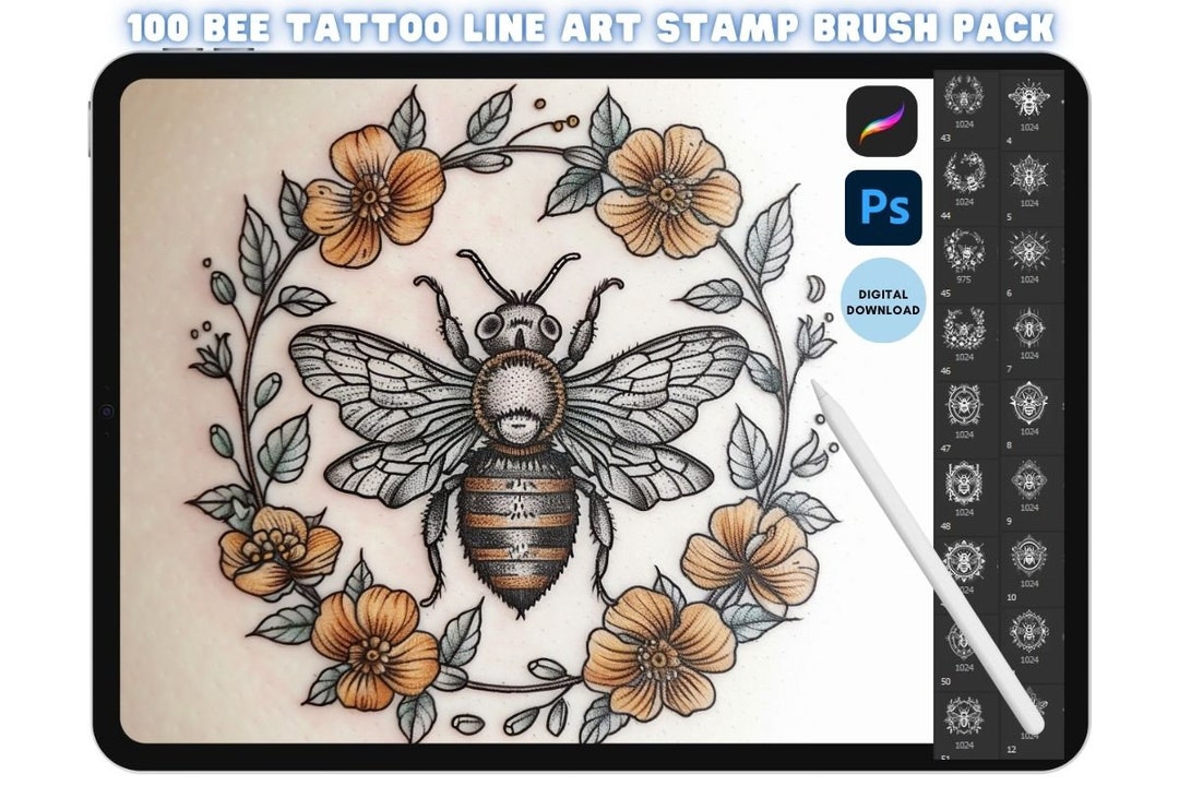 Honey Bee Tattoo Stamp Brush Set, Procreate & Photoshop (digital ...
