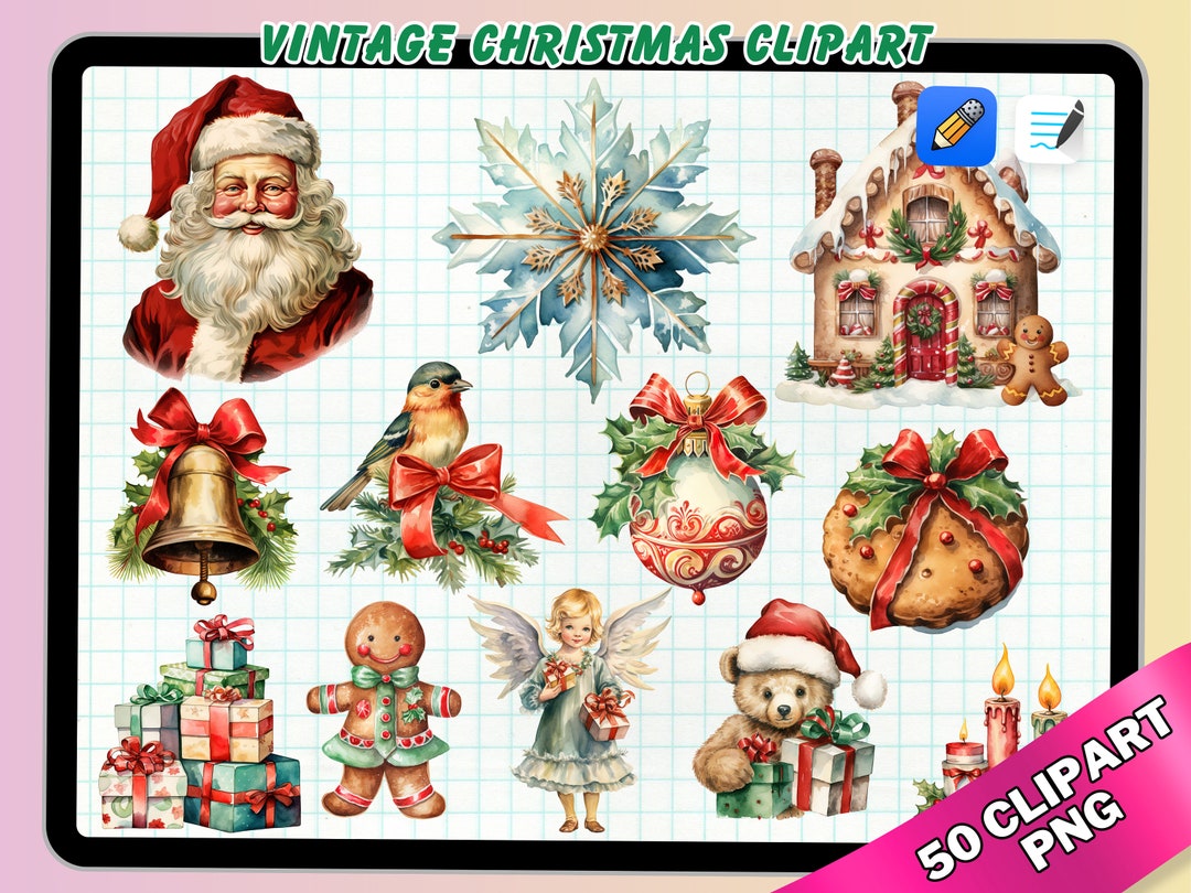 Vintage Retro Christmas Clipart PNG, Xmas Printable, Christmas Images ...