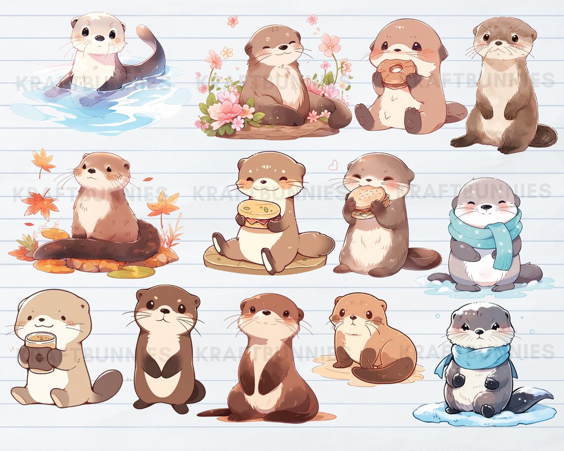 Kawaii Otter Clipart, Watercolor Pastel PNG Stickers (digital Download ...
