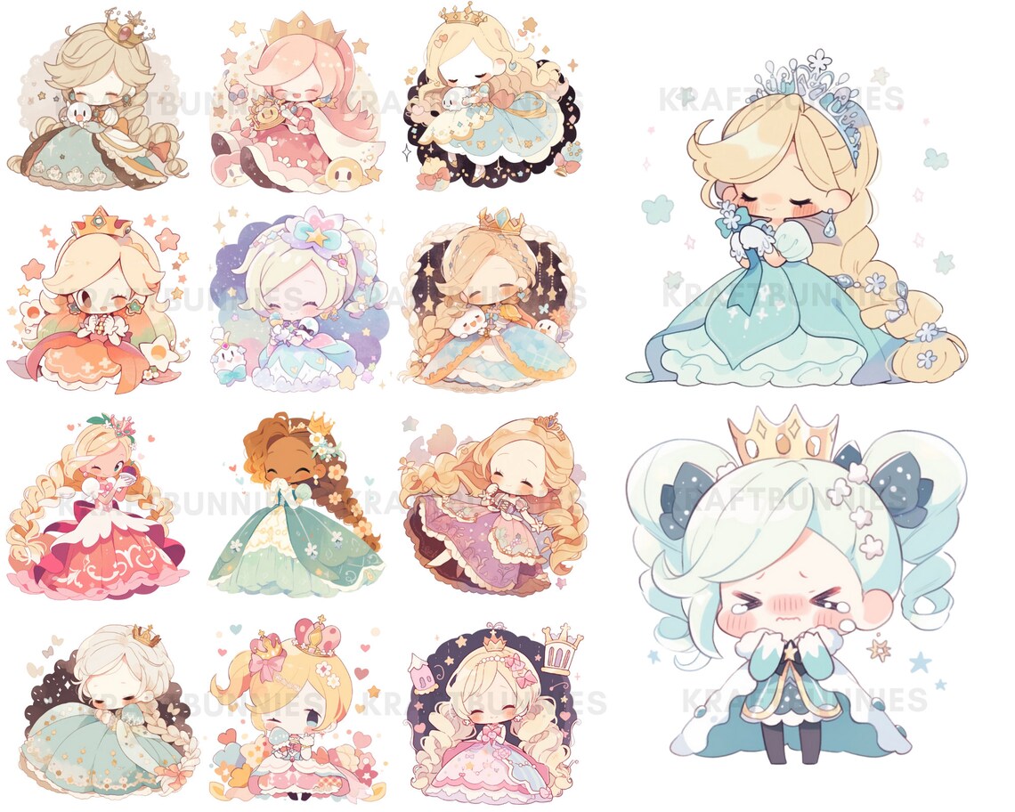 Kawaii Chibi Princess Clipart, PNG Stickers, Nursery Art (digital ...