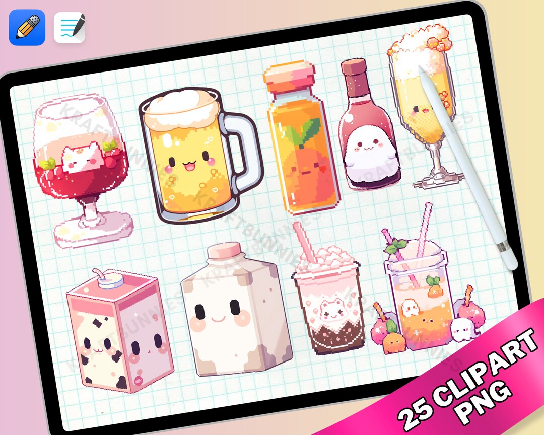 Kawaii Drinks Pixel Art Clipart, Pastel Watercolor Stickers (PNG ...