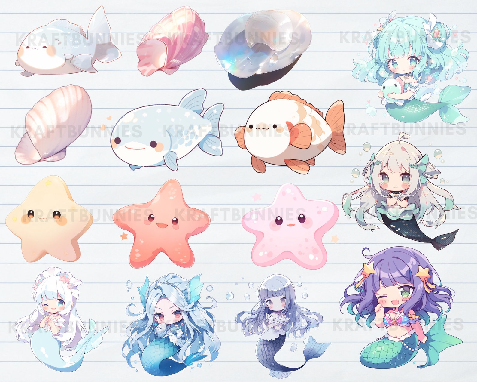 Cute Kawaii Mermaid Sea Corals and Shell Clipart Pastel - Etsy