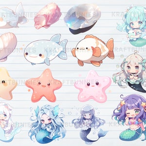 Kawaii Mermaid Clipart, Sea Shells, Corals, Pastel Watercolor (PNG ...