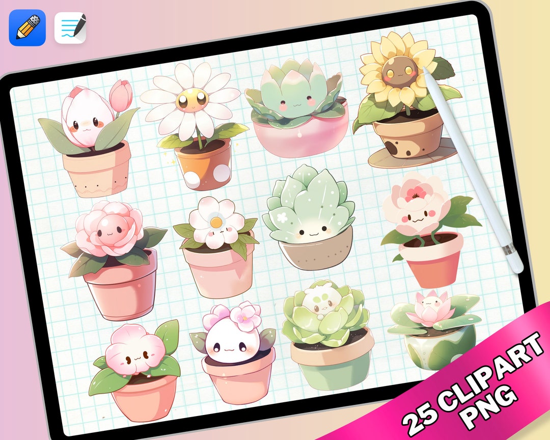 Cute Kawaii Flowers and Plants in Pots Planters Foliage Botanical ...