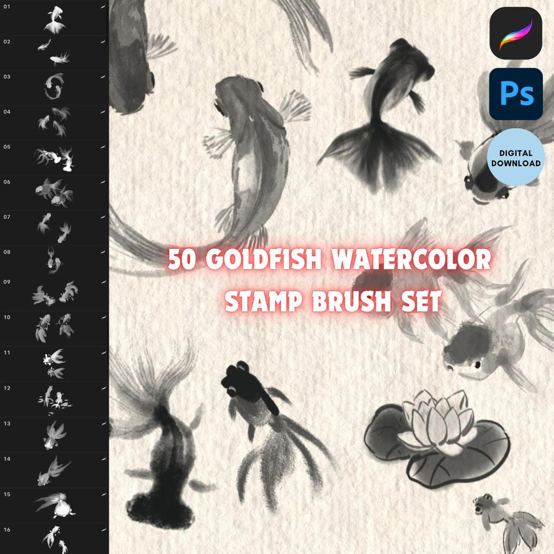 Procreate Photoshop Goldfish Watercolor Stamp Brush Set ,japanese Fish ...