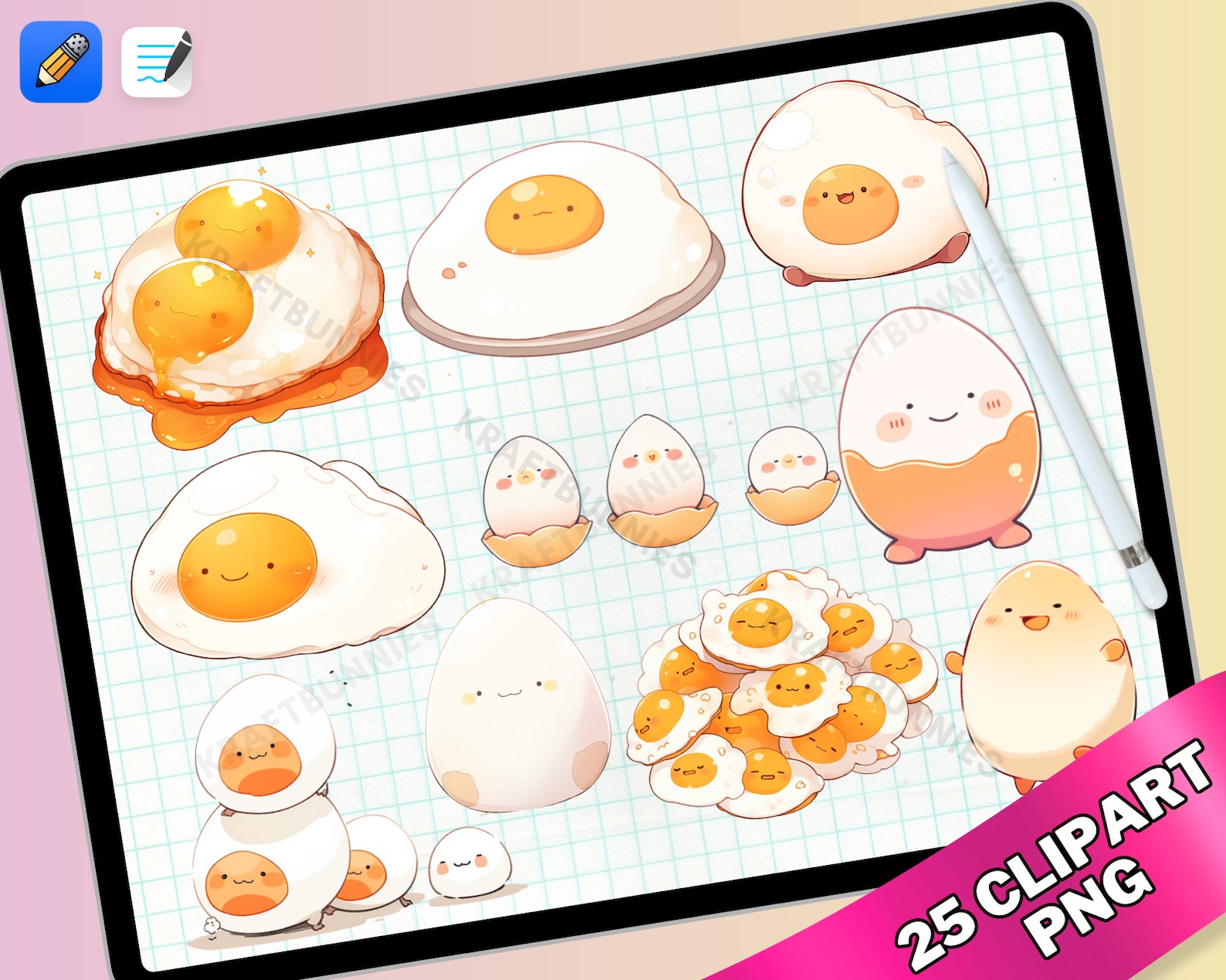 Cute Kawaii Egg Omelet Food Clipart Watercolor Pastel PNG Digital ...