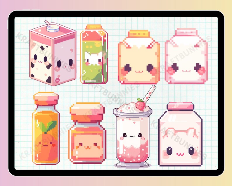Kawaii Drinks Pixel Art Clipart, Pastel Watercolor Stickers (PNG ...