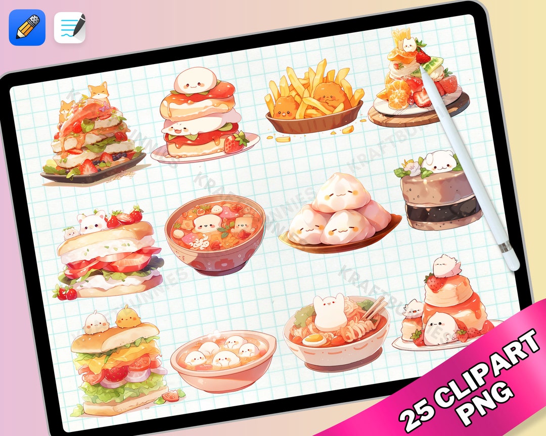 Cute Kawaii Yummy Food Cuisine Clipart Watercolor Pastel PNG Digital ...