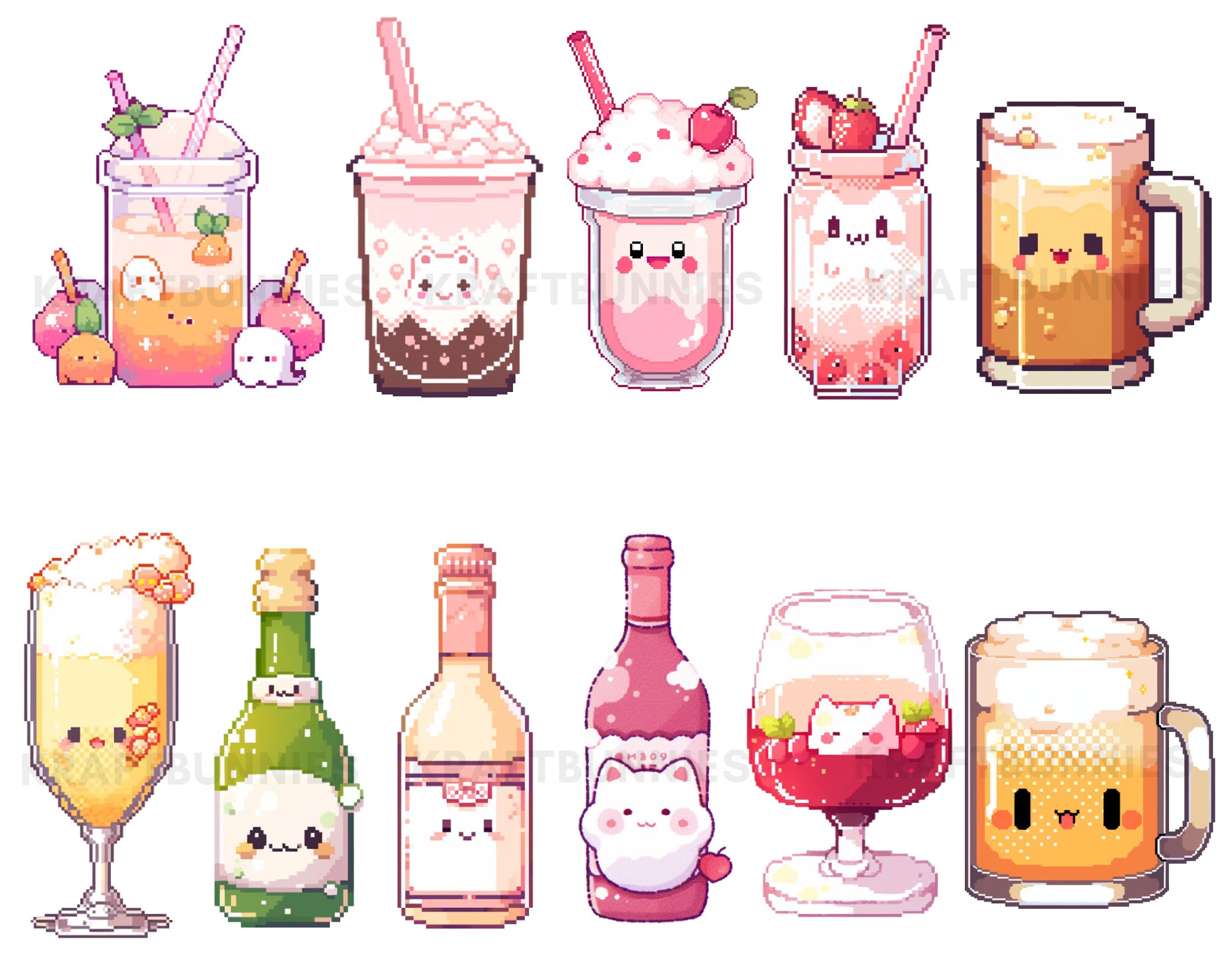 Kawaii Drinks Pixel Art Clipart, Pastel Watercolor Stickers (PNG ...