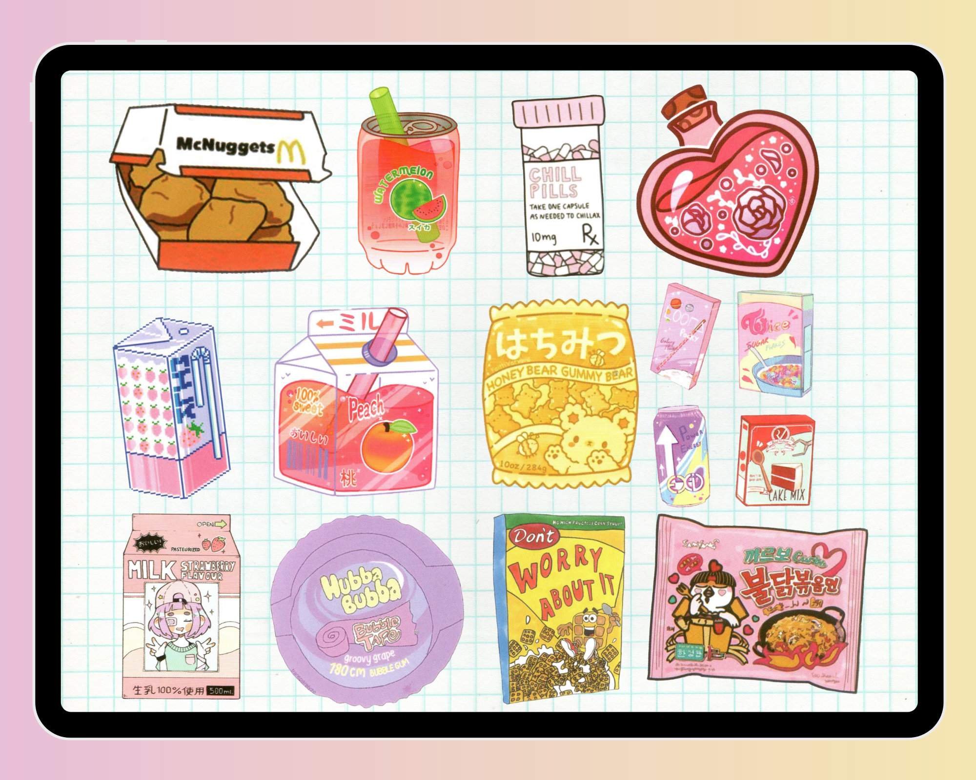 Cute Kawaii Doodle Yummy Food Snacks Digital Planner Sticker Bundle for ...