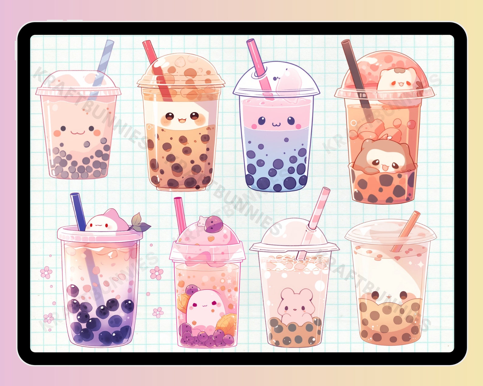 Cute Kawaii Boba Bubble Tea Clipart Watercolor Pastel PNG - Etsy