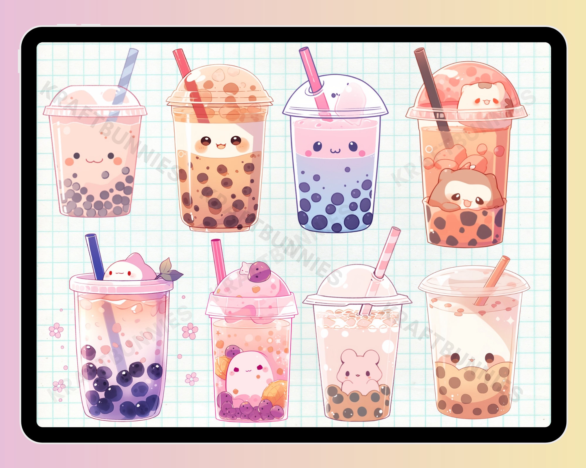 Kawaii Boba Tea Clipart, Pastel Watercolor Stickers (PNG Digital ...