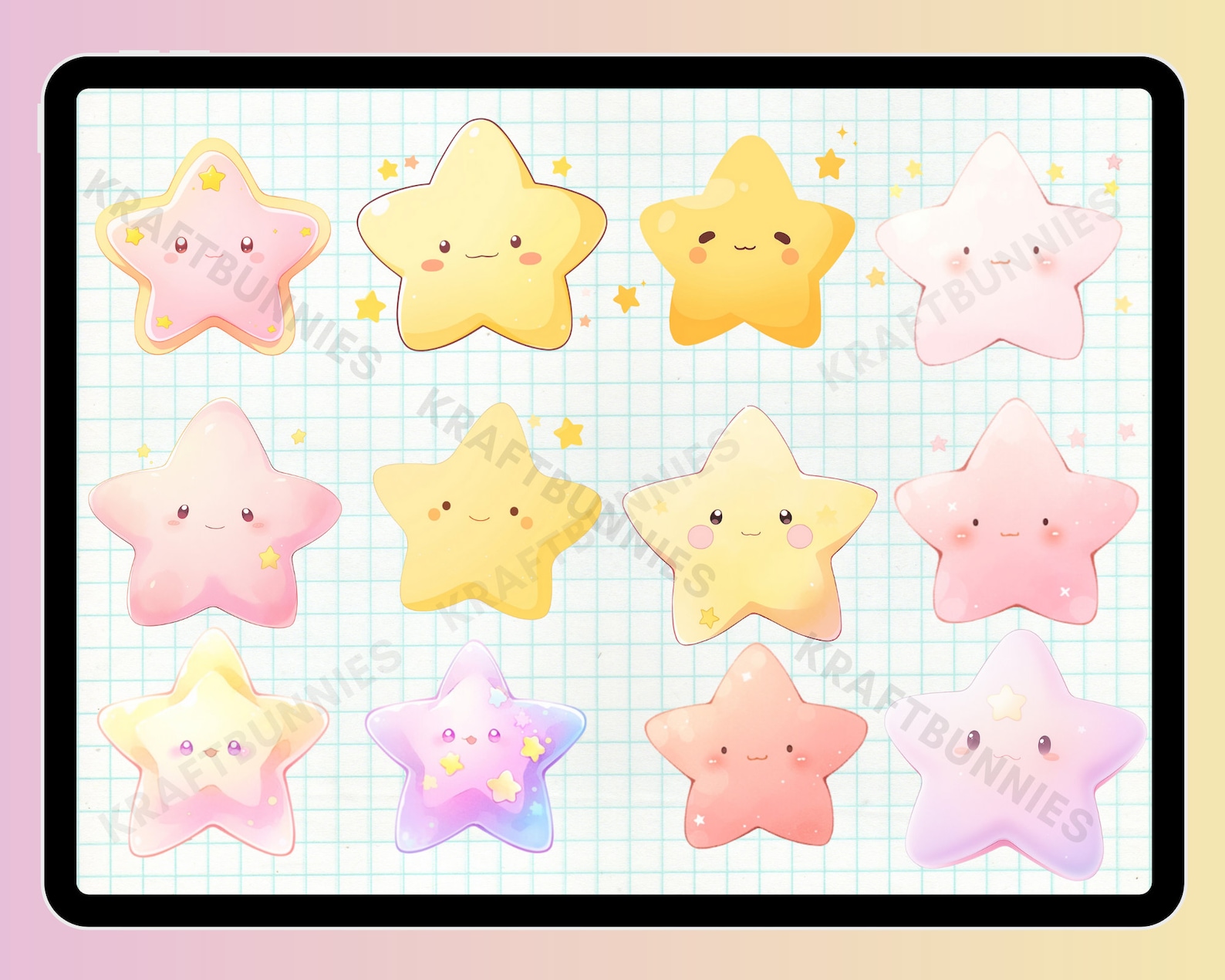 Cute Kawaii Stars Sleepy Dreamy Clipart Watercolor Pastel PNG Digital ...