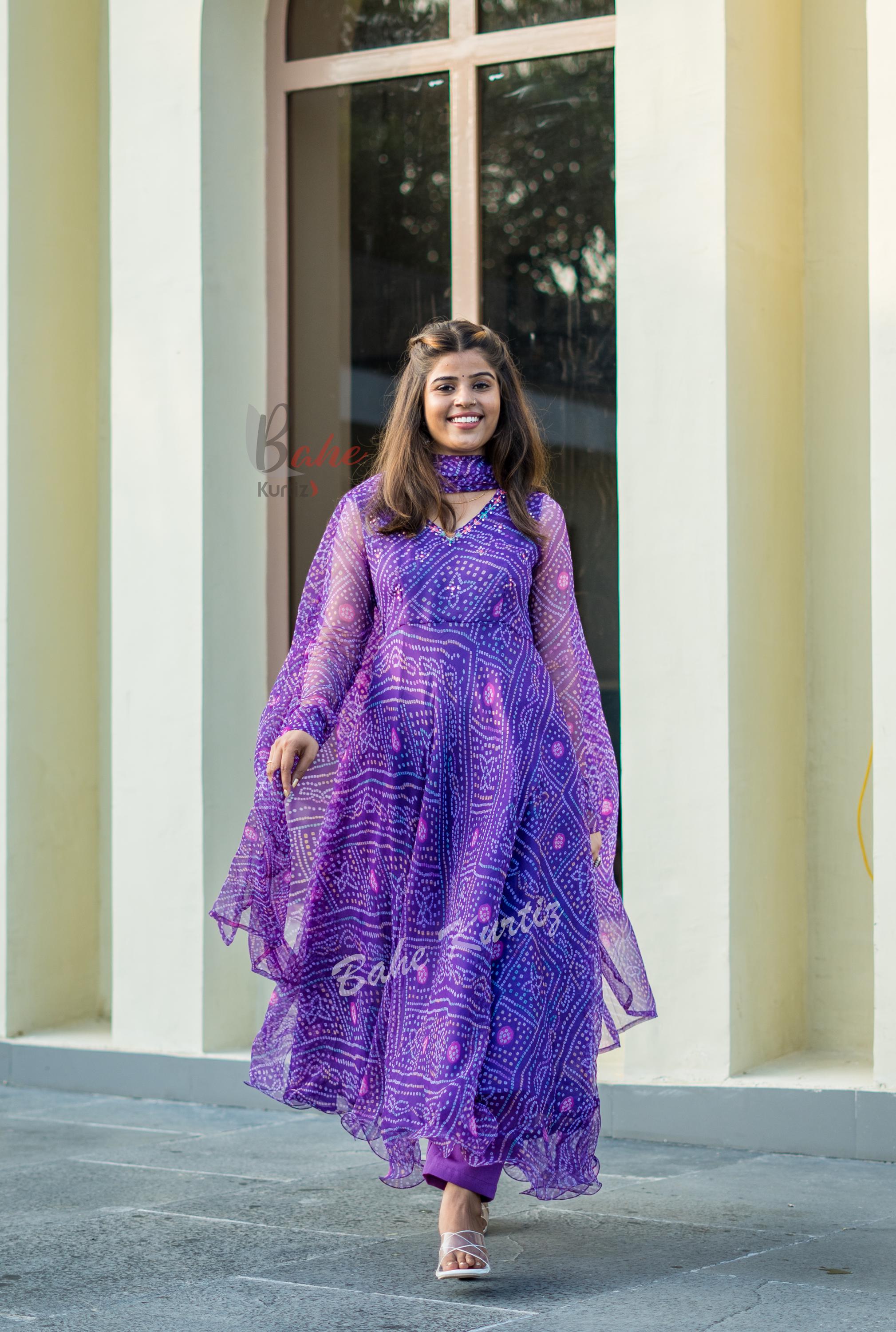 Bandhani Printed Anarkali Kurta Pant Dupatta Set: Chiffon Party Dress ...