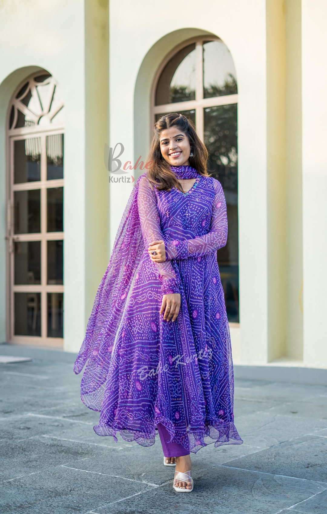 Bandhani Printed Anarkali Kurta Pant Dupatta Set: Chiffon Party Dress ...