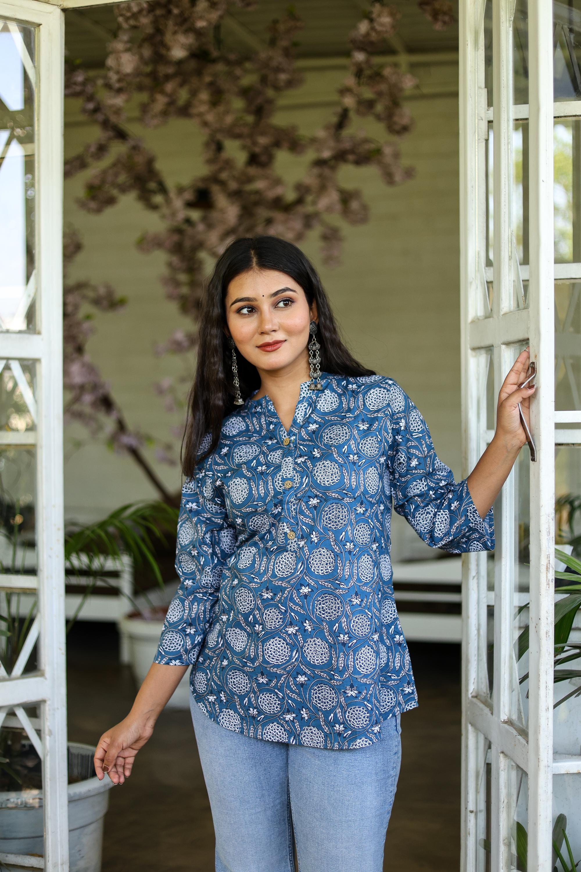 Hand Block Printed Floral Cotton Top, Indian Cotton Block Print Top ...