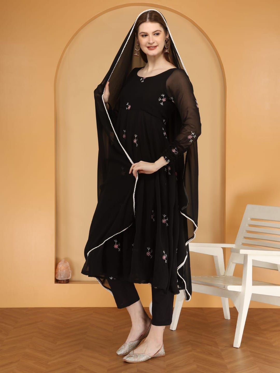 Black Georgette Anarkali Dress | Embroidered Indian Outfit, Dupatta ...