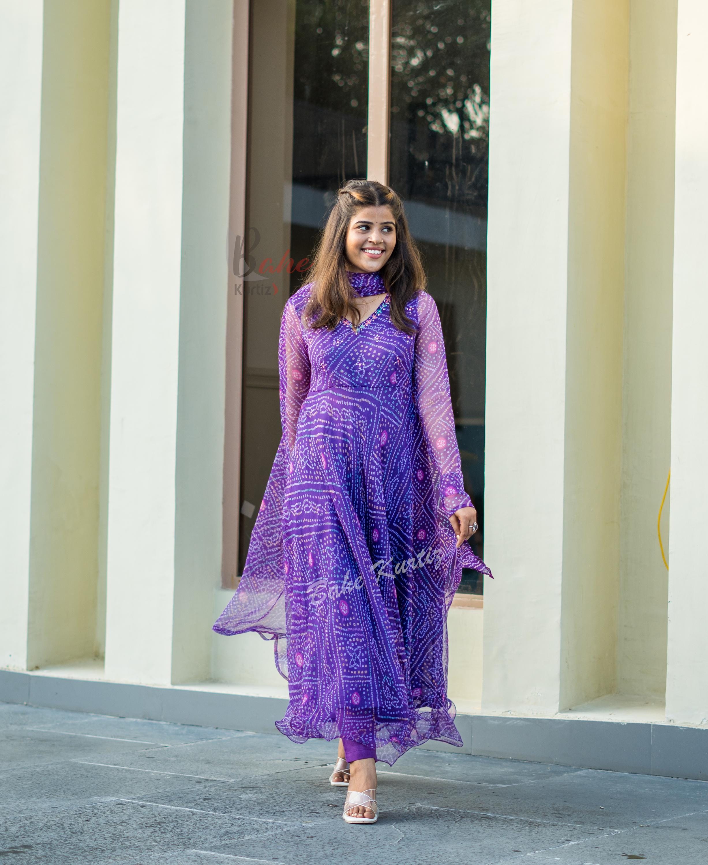 Bandhani Printed Anarkali Kurta Pant Dupatta Set: Chiffon Party Dress ...